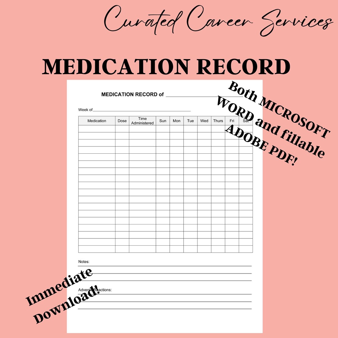 Medication Record, Prescription Log, Medication Tracker, Pill Tracker ...