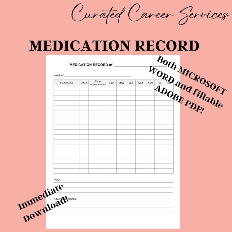 Medication Record, Prescription Log, Medication Tracker, Pill Tracker ...