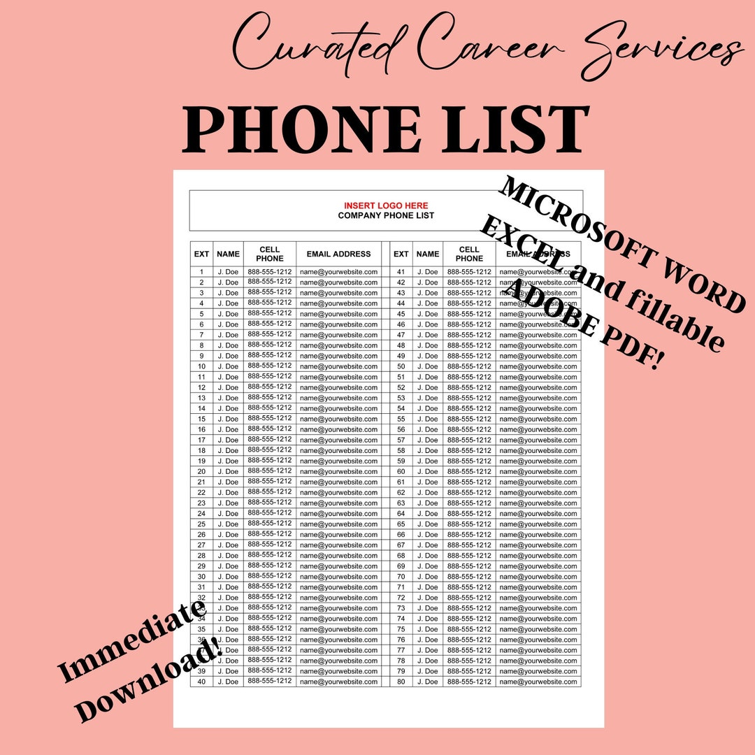 CONTACT PHONE LIST - Employee Company Phone List - Instant Download ...