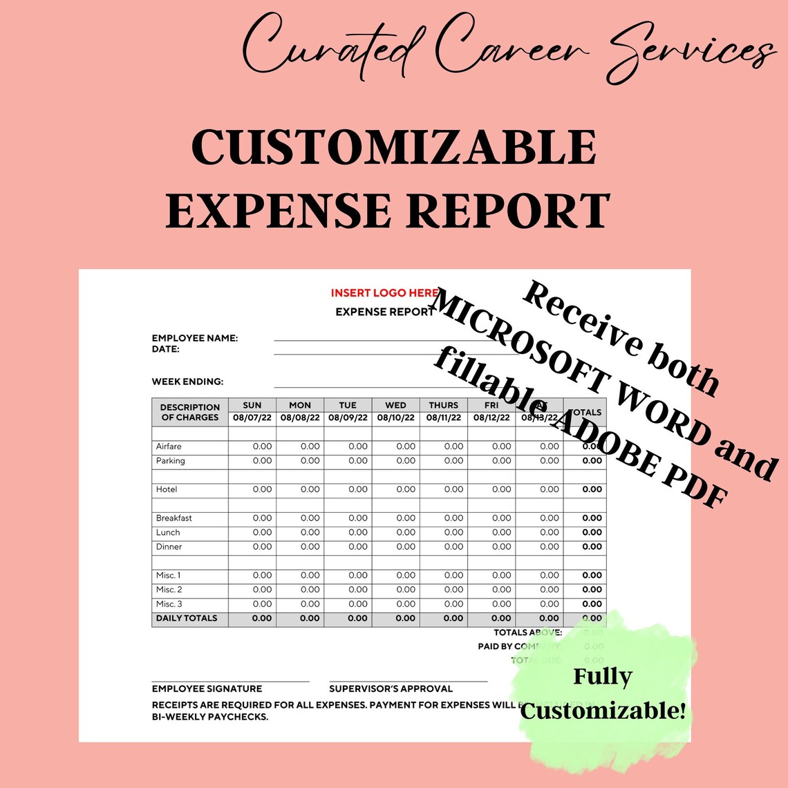 TIMESHEET CUSTOMIZABLE, Landscape, Word, Fillable Pdf, Timecard ...