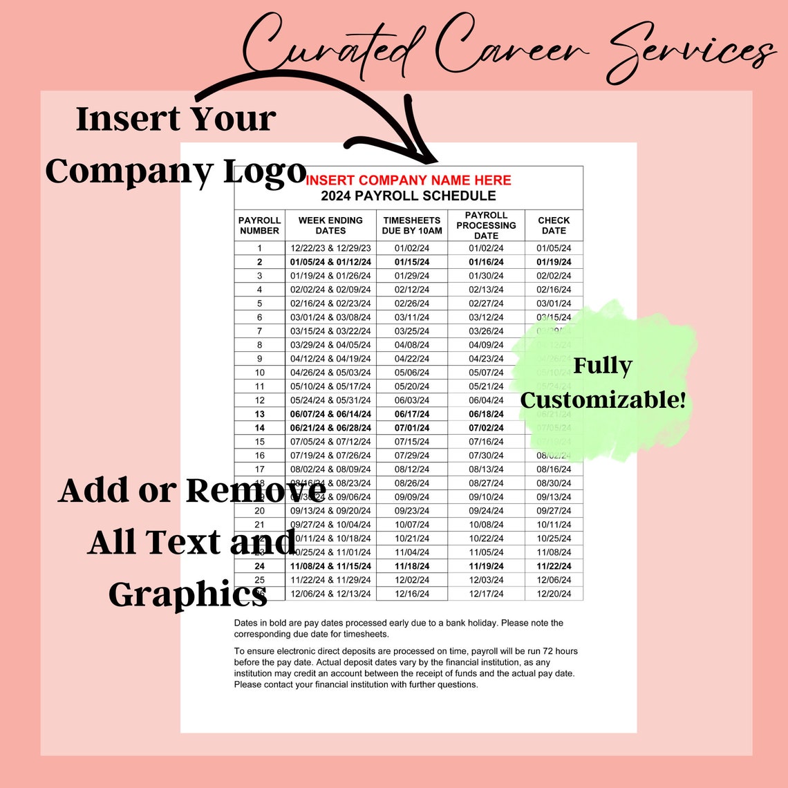 2024 PAYROLL SCHEDULE CALENDAR - Biweekly Pay Schedule - Bi-weekly Pay ...