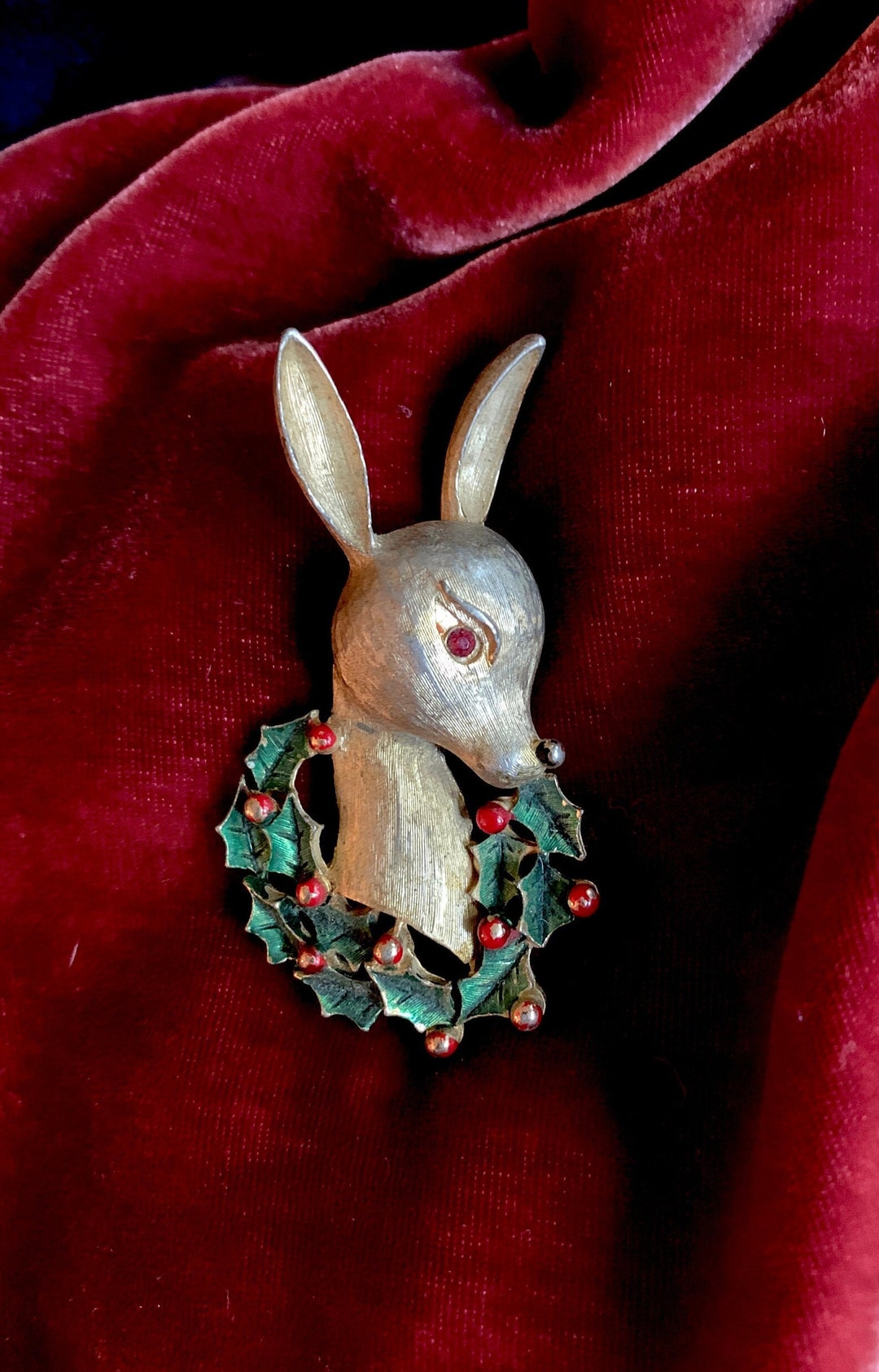 40s-50s Christmas Reindeer Pin, Gold-plate and Enamel Reindeer Head ...