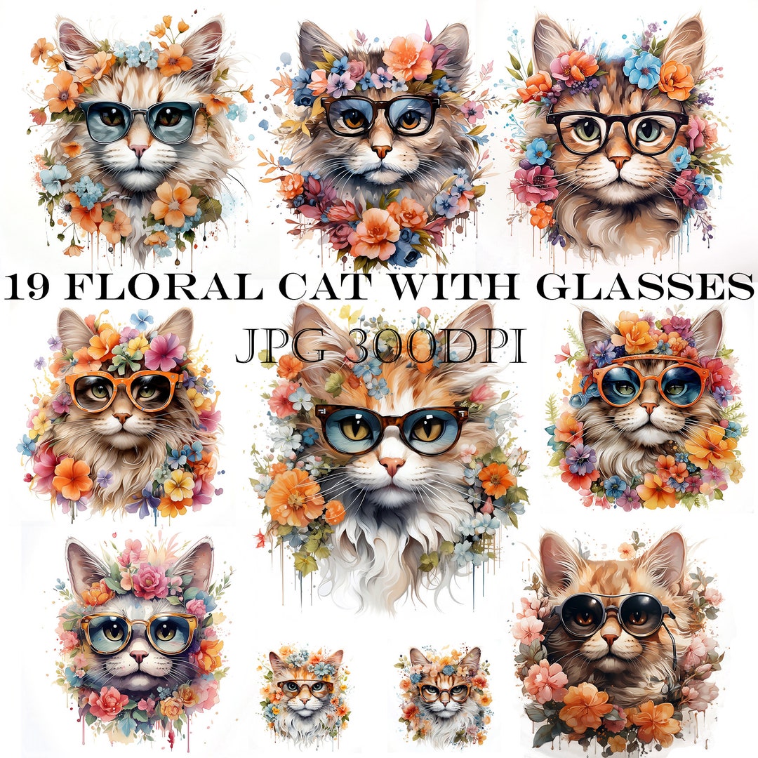 Floral Cat With Glasses Watercolor Clipart JPG, Cat With Glasses ...