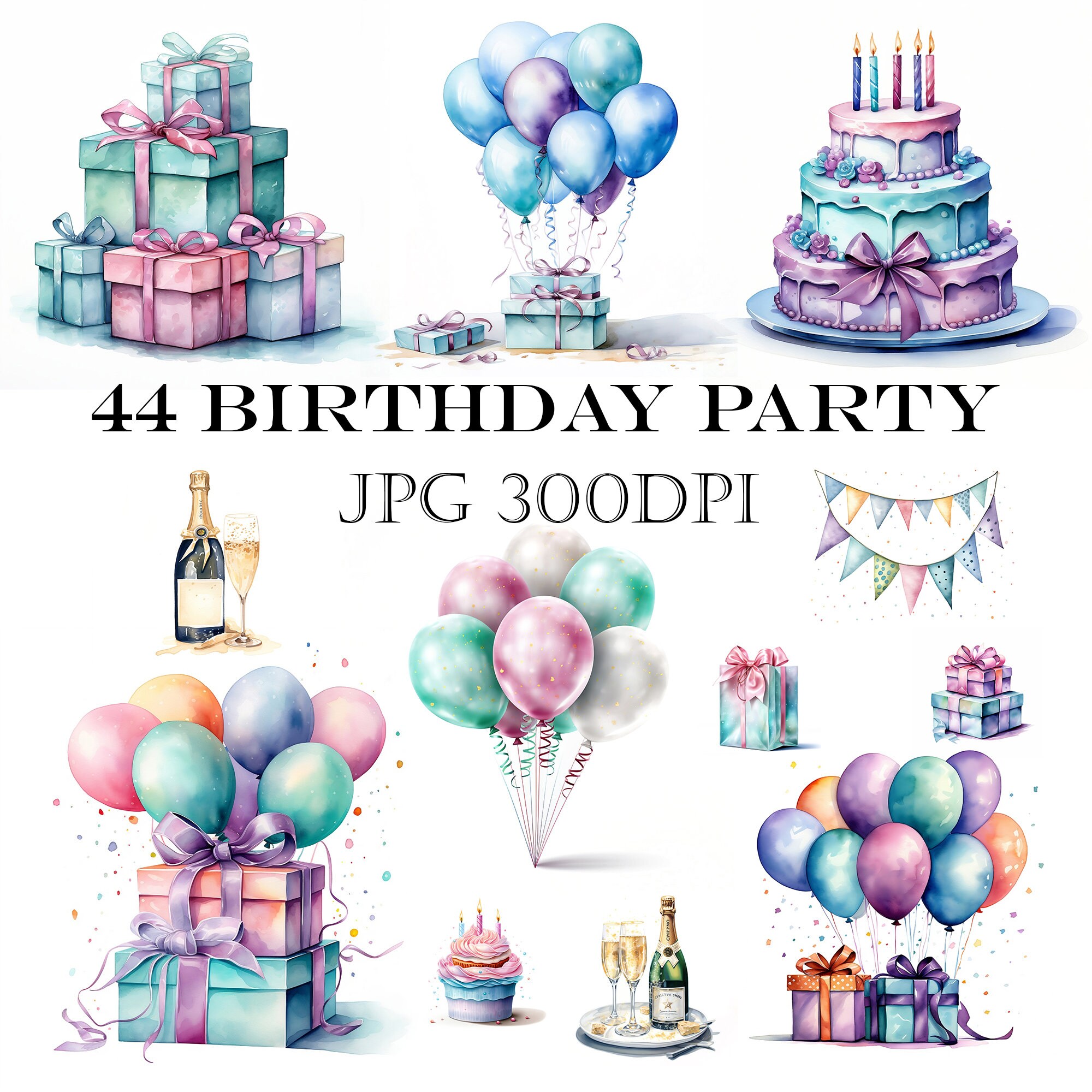 44 Watercolor Birthday Clipart,jpg, Birthday Party Clipart, Happy ...