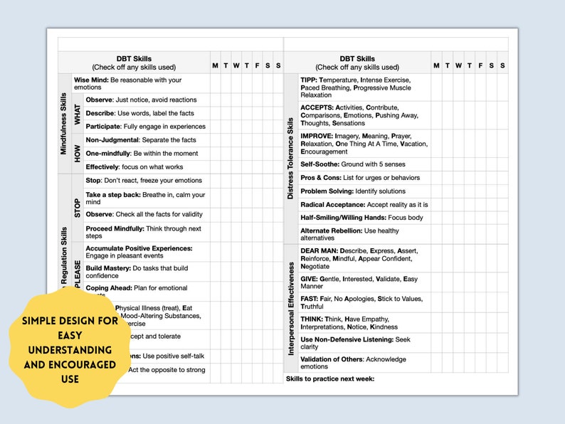 DBT Diary Card DBT Skills Tracker Therapy Worksheets & - Etsy