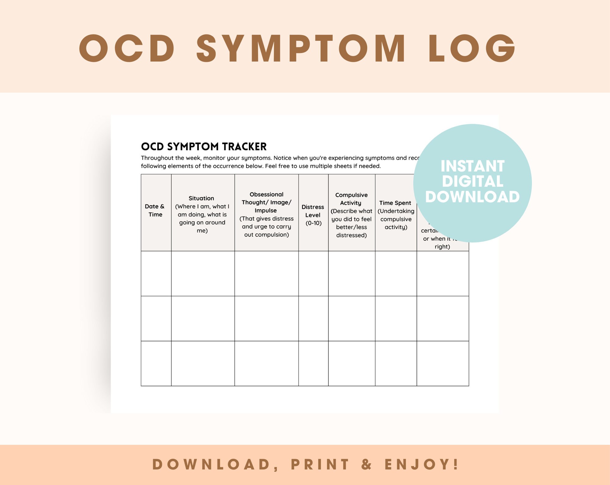 OCD Symptom Tracker OCD Worksheet for Therapists, Counselors, Social ...