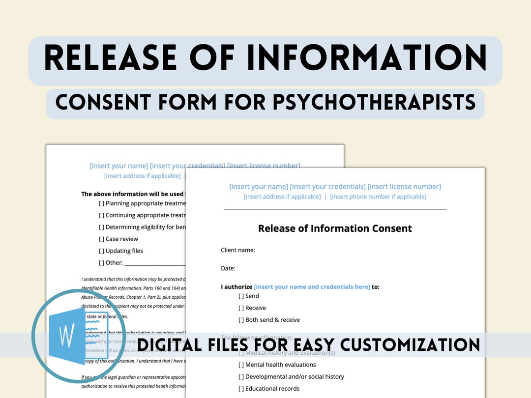 Release of Information ROI Consent Form for Therapists, Counselors ...