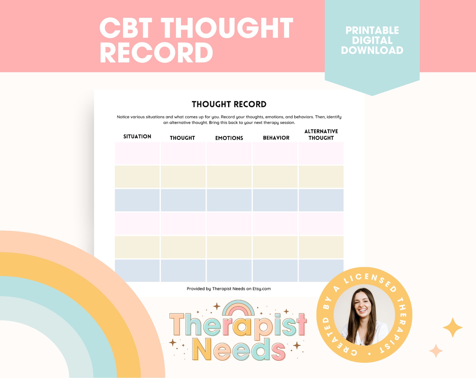 CBT Thought Record! CBT Worksheet, Therapy Tools for Teens and Adults ...
