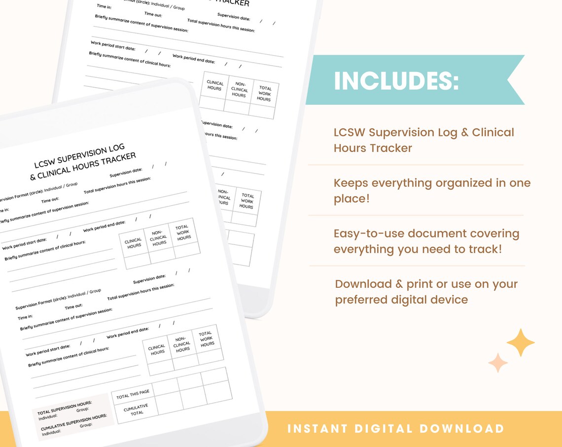 LCSW Supervision Tracking & Clinical Hours Log: Printable Digital ...