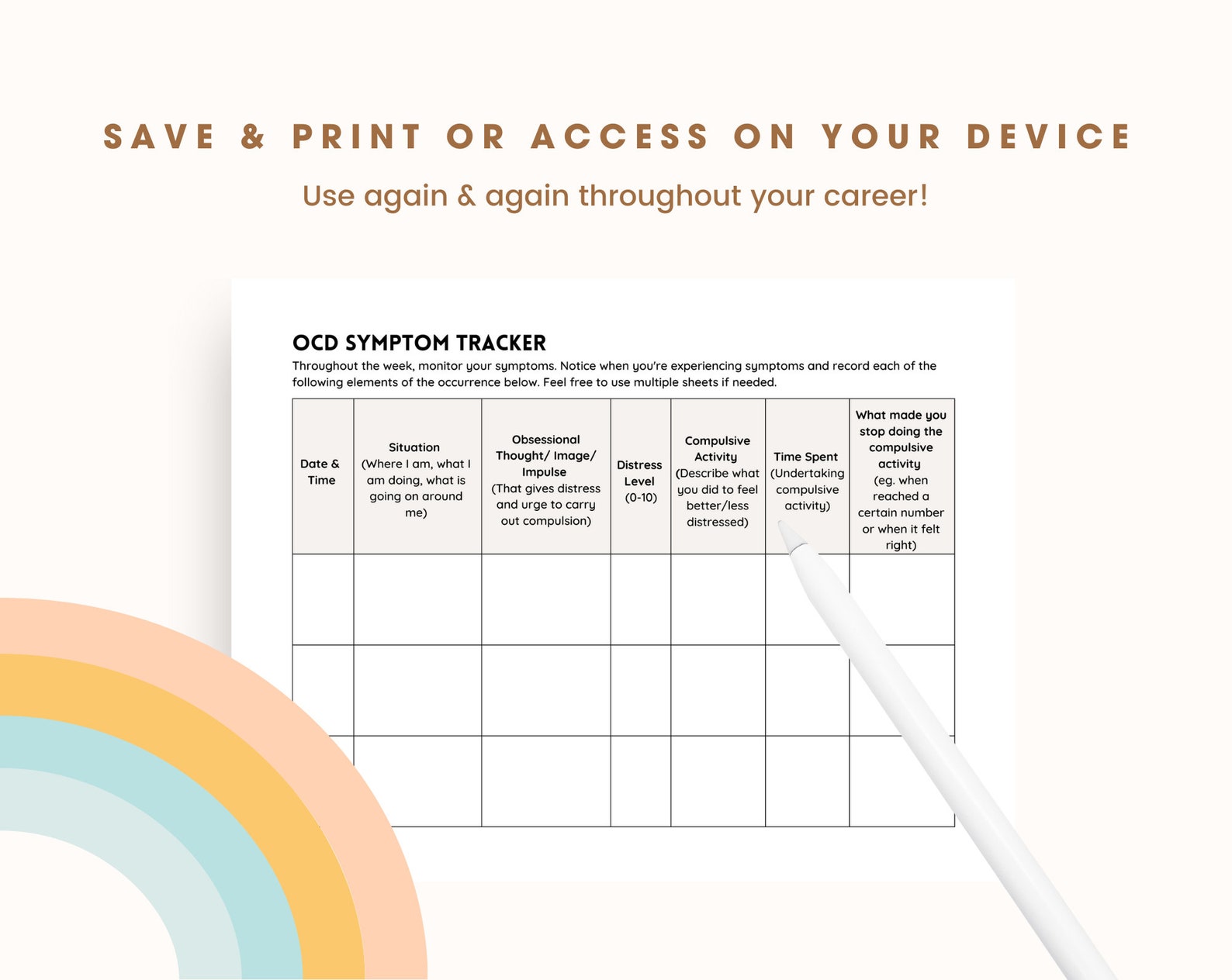 OCD Symptom Tracker OCD Worksheet for Therapists, Counselors, Social ...