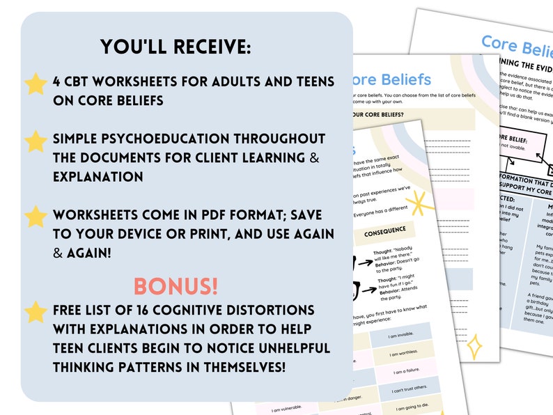 CBT Worksheets: Core Beliefs Therapy Worksheet for Teens and - Etsy CBT Worksheets: Core Beliefs Therapy Worksheet for Teens and - Etsy