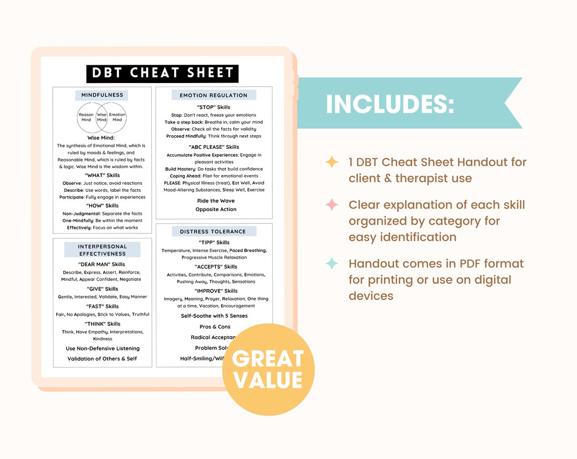 DBT Cheat Sheet Therapy Worksheet & Handout, DBT Skills Curriculum ...