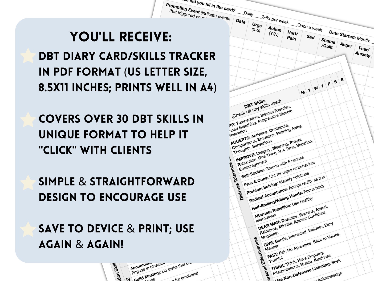 DBT Diary Card DBT Skills Tracker Therapy Worksheets & - Etsy Canada
