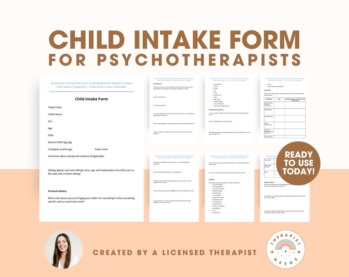 Child Intake Form Template for Psychotherapists and Counselors, Therapy ...