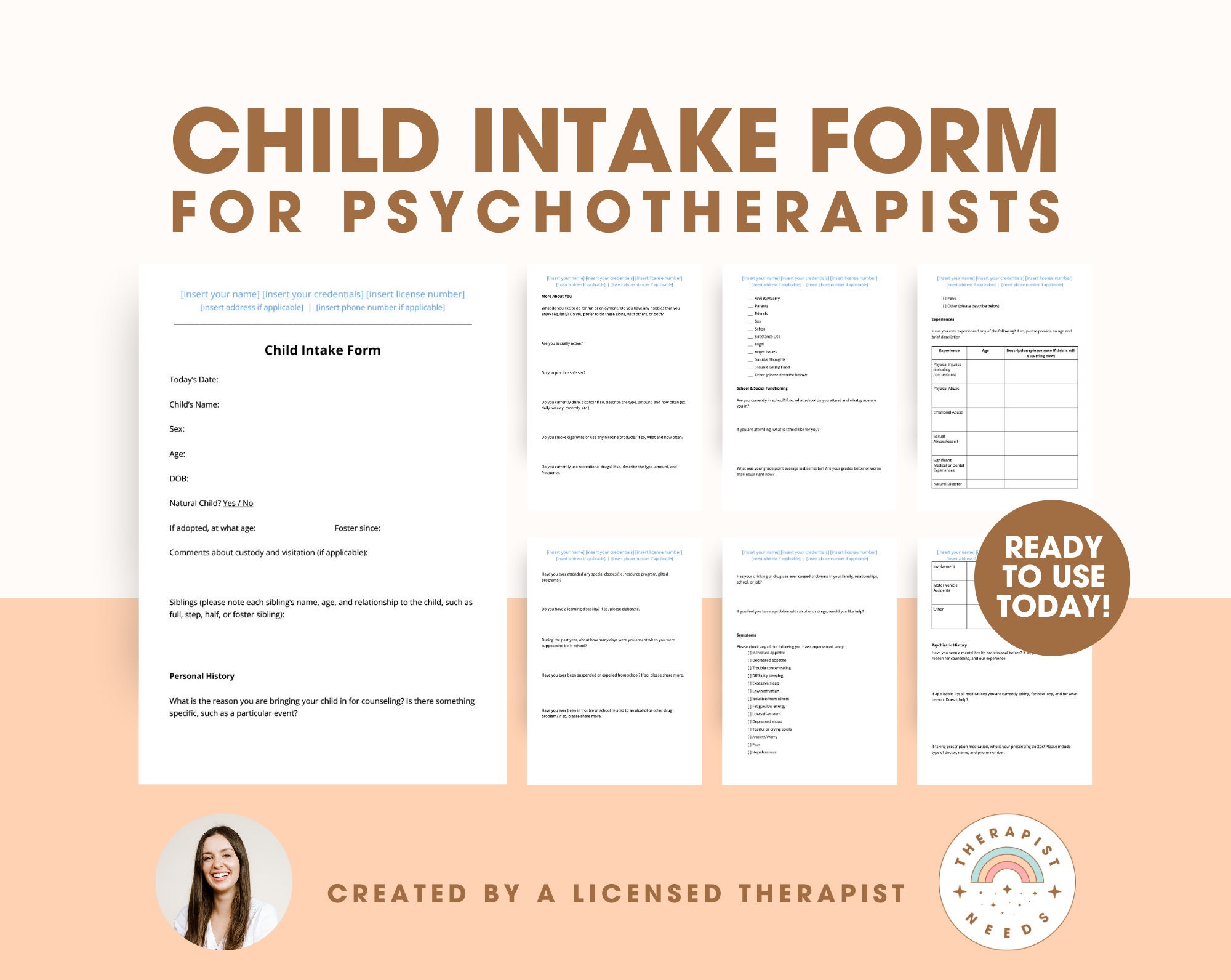 Child Intake Form Template for Psychotherapists and Counselors, Therapy ...