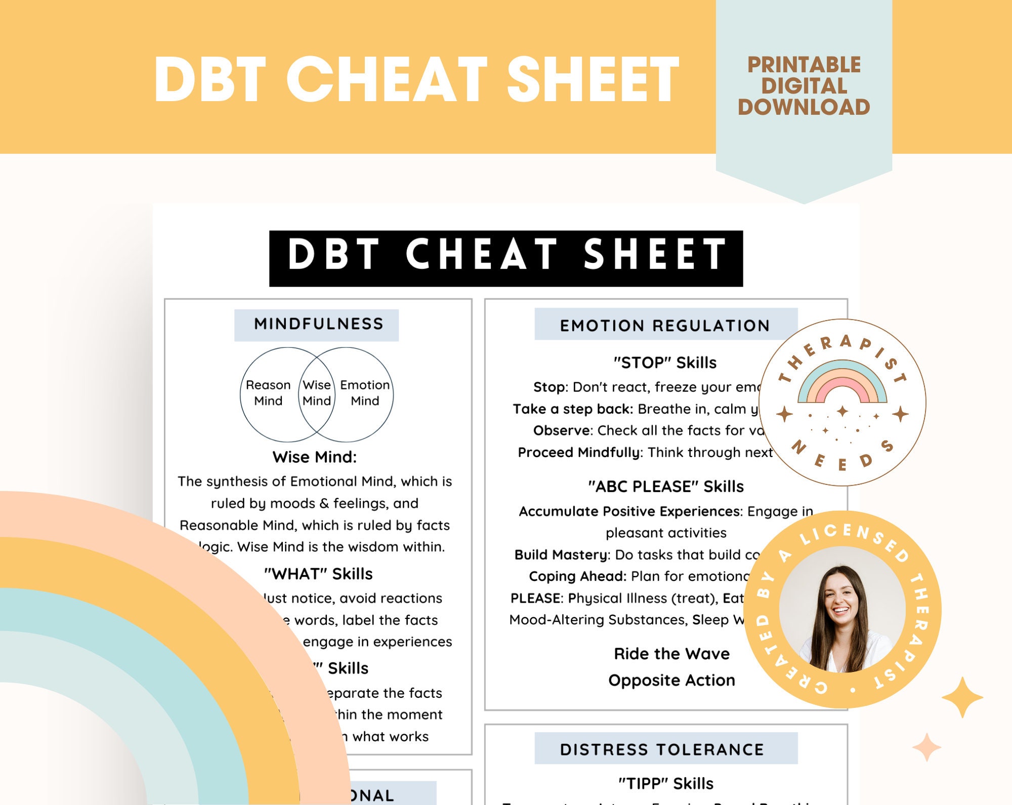DBT Cheat Sheet Therapy Worksheet & Handout, DBT Skills Curriculum ...