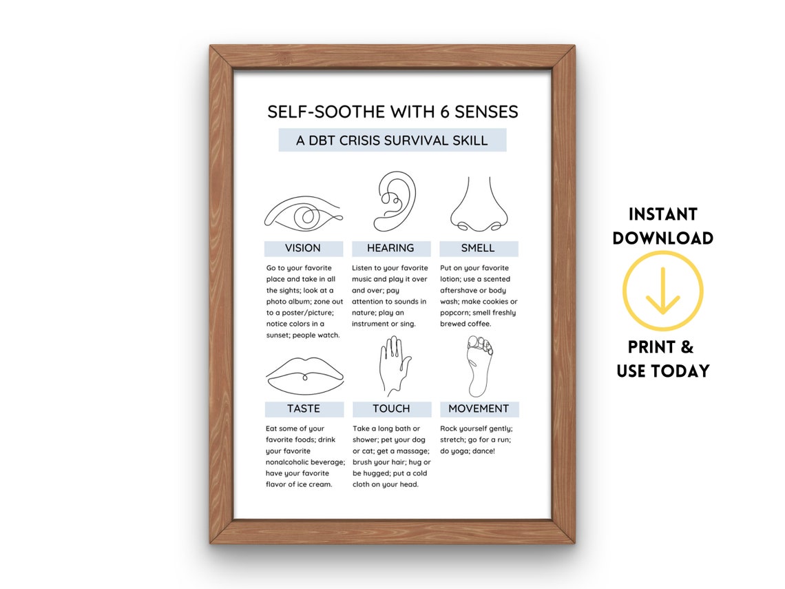 DBT Poster on Self-soothe Distress Tolerance Skill Therapist Office ...