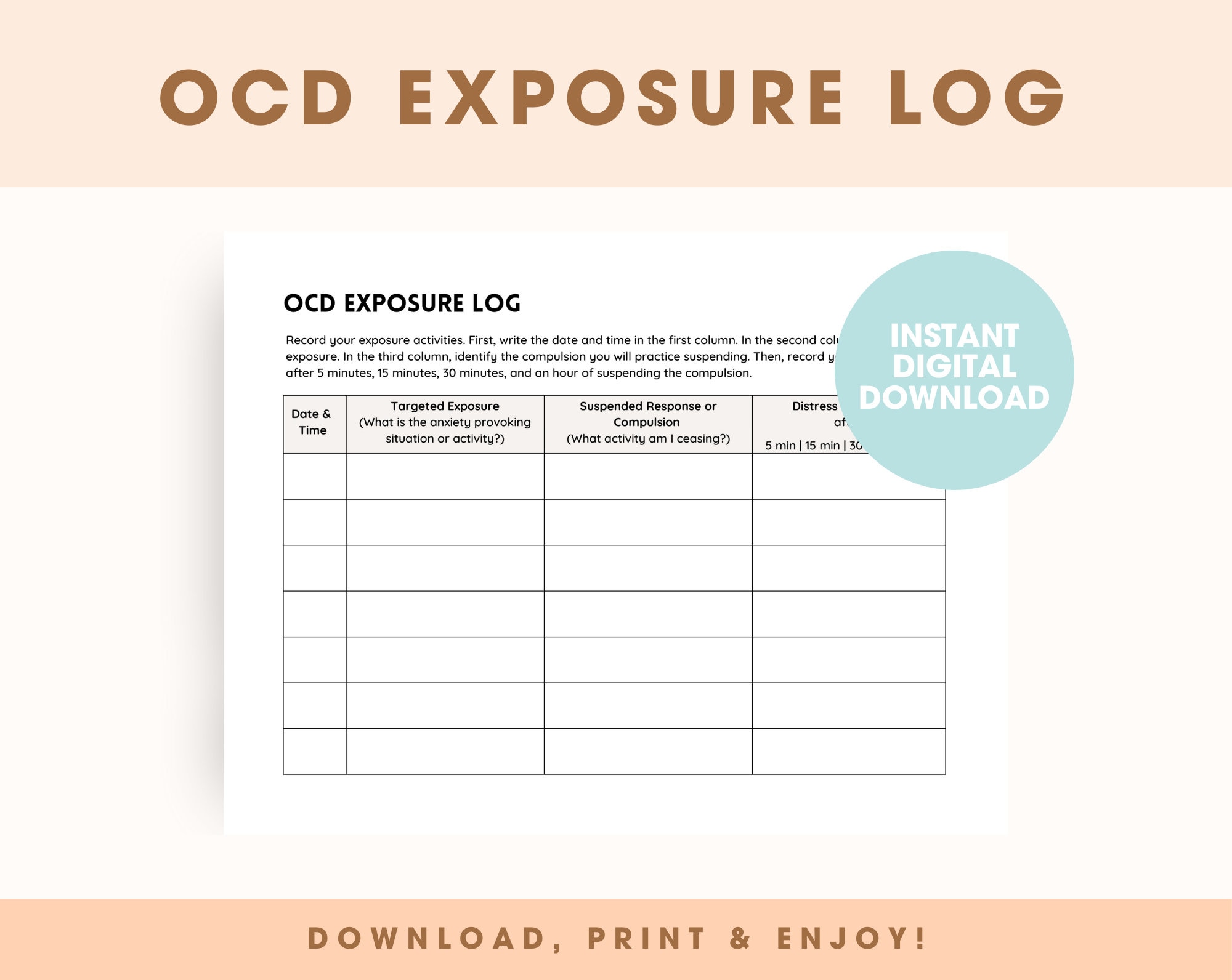 OCD Exposures Log Tracker | OCD Worksheet for Therapists, Counselors ...