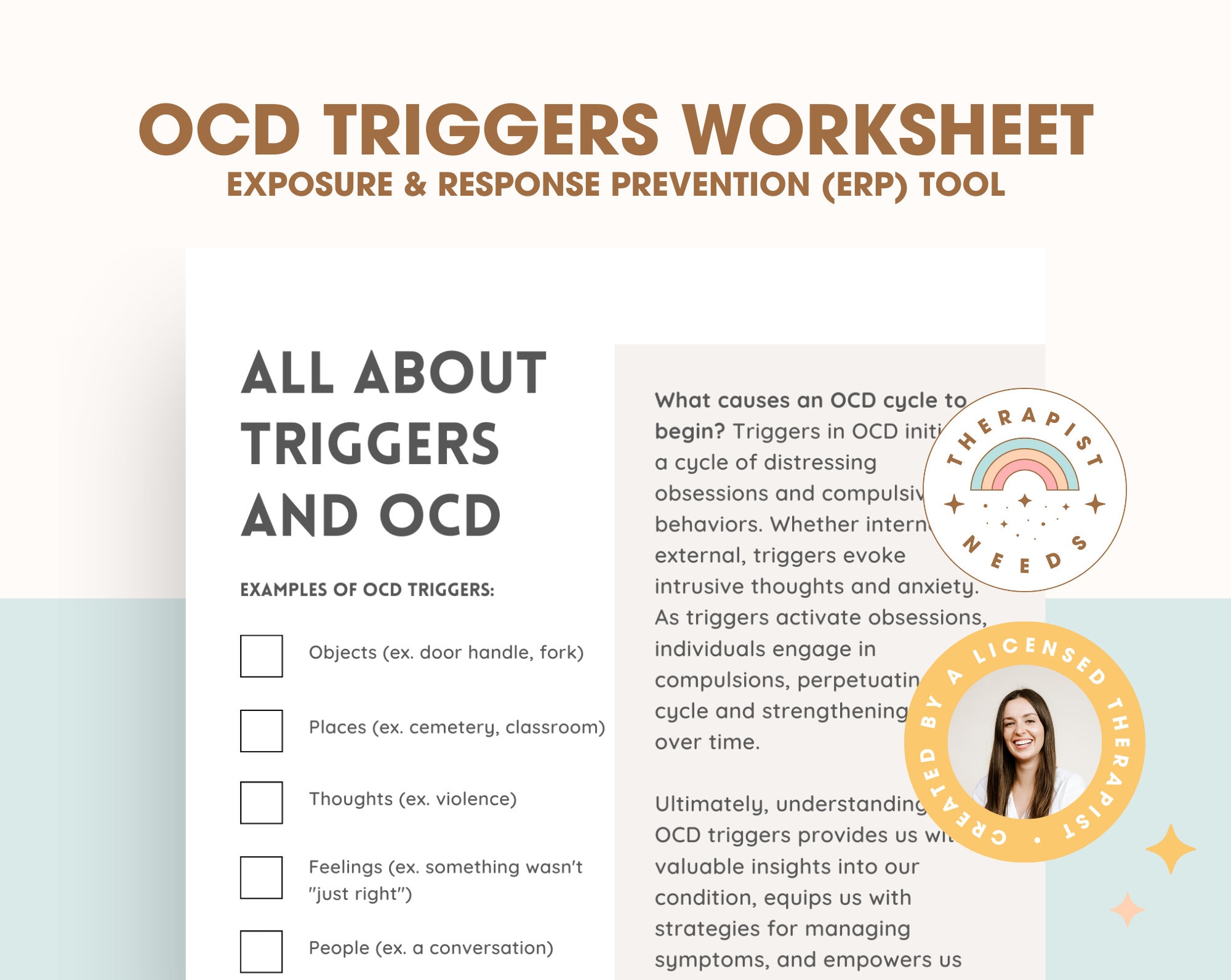 OCD Triggers Worksheet | OCD Handout for Therapists, Counselors, Social ...