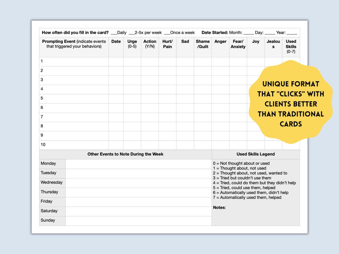DBT Diary Card DBT Skills Tracker Therapy Worksheets & - Etsy Canada