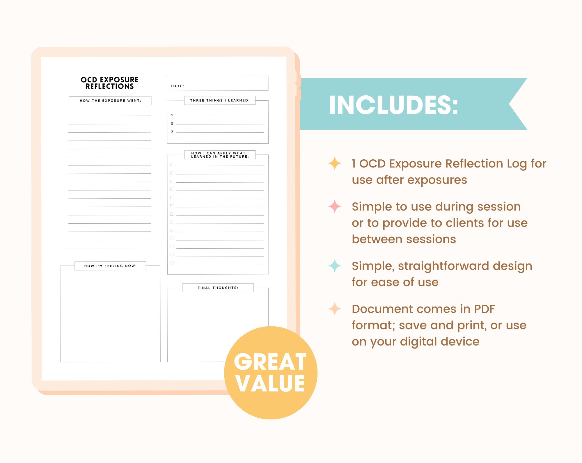 OCD Exposure Reflection Log Worksheet OCD Handout for Therapists ...
