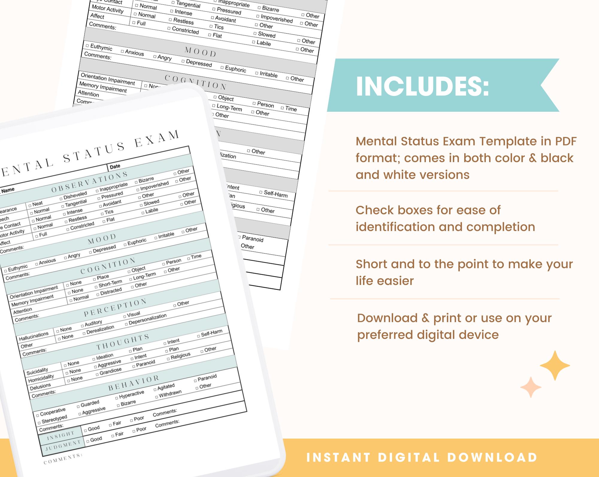 Mental Status Exam Templates, MSE Note Example for Therapy and Mental ...