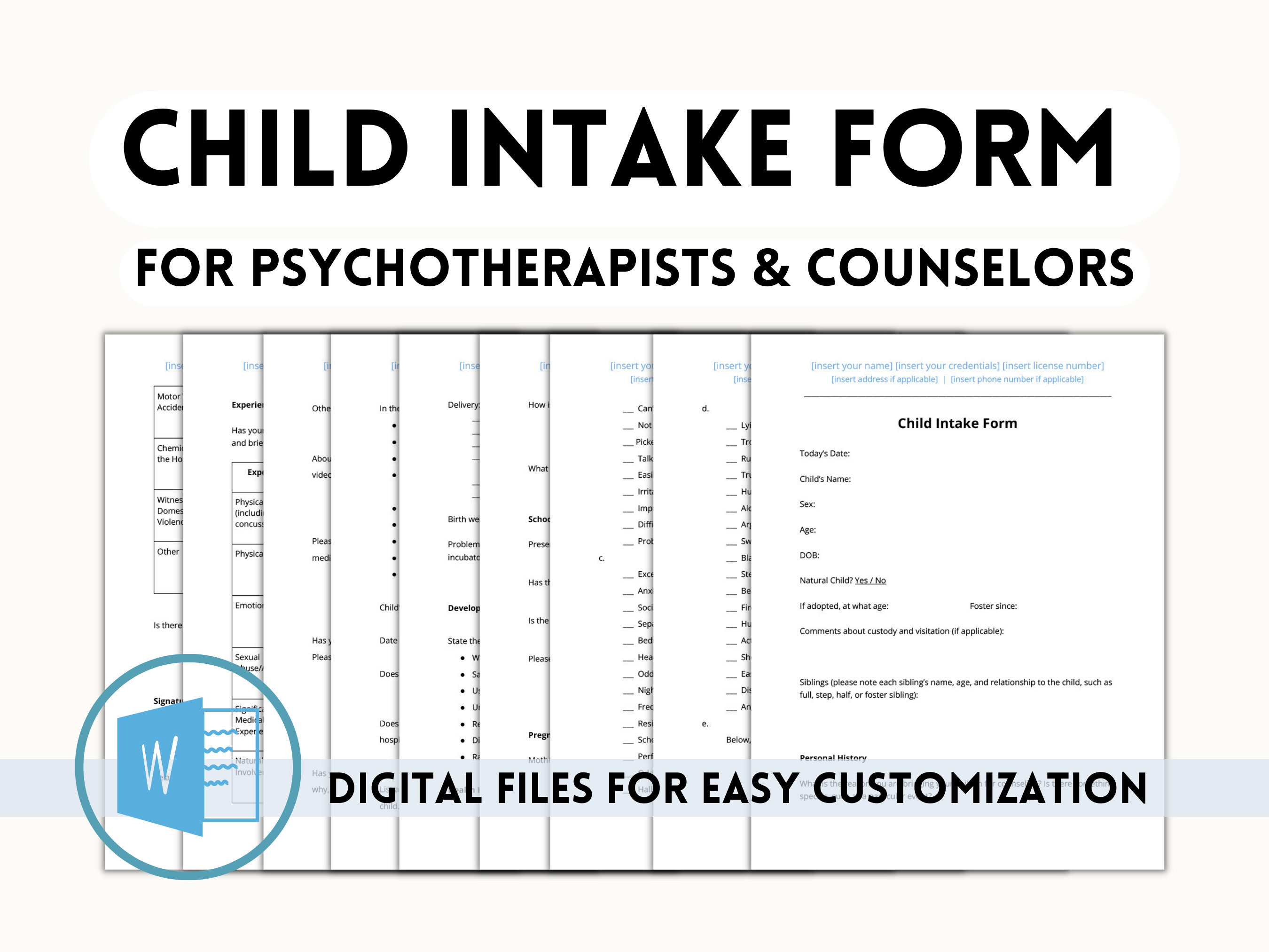 Child Intake Form Template for Psychotherapists and - Etsy