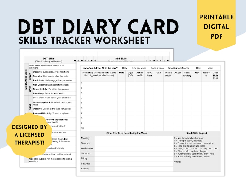DBT Diary Card DBT Skills Tracker Therapy Worksheets & - Etsy