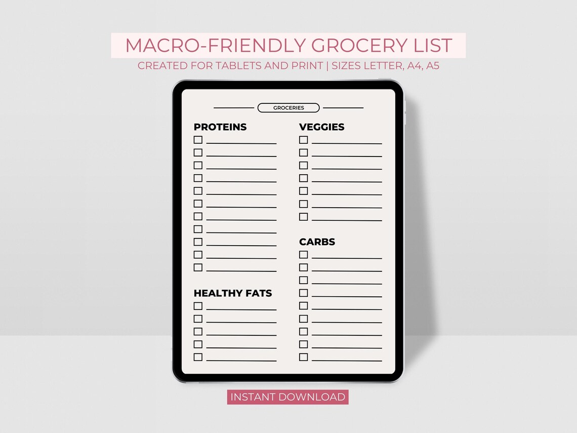 Macro-friendly Grocery List for Tablets and Print | Sizes Letter, A4 ...