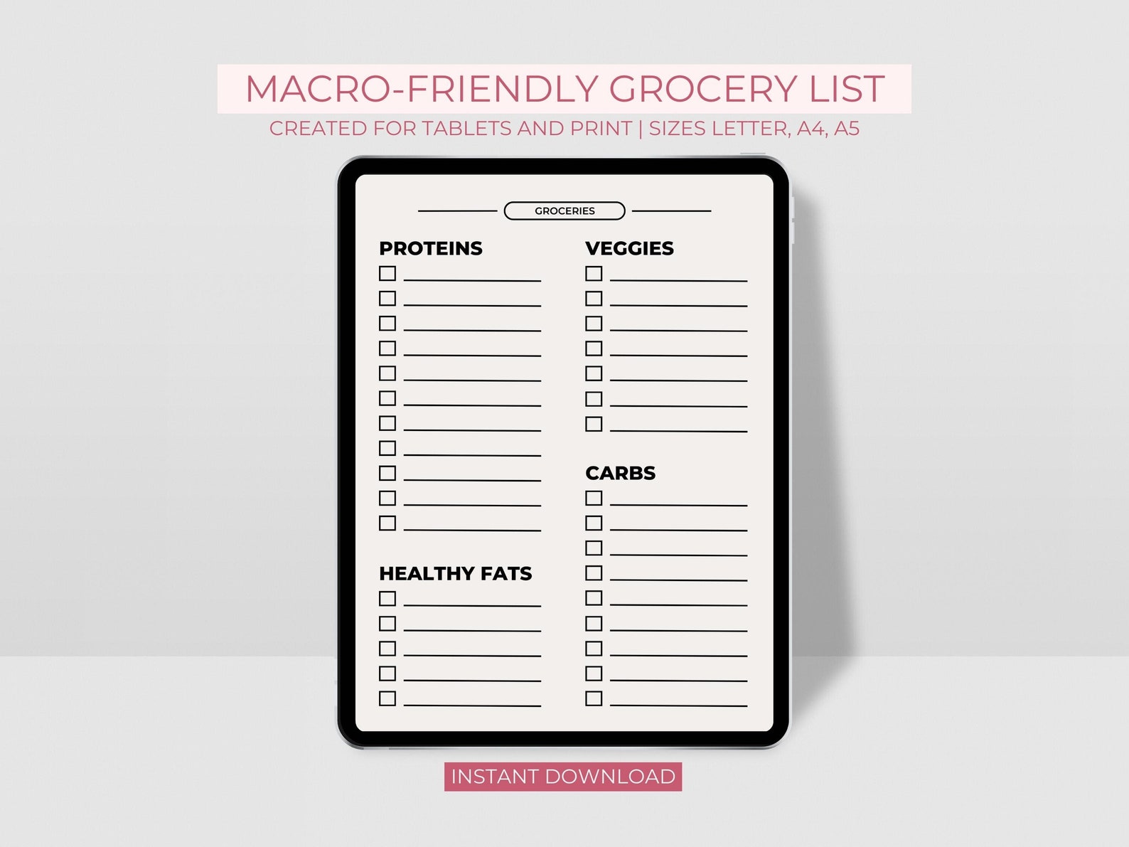 Macro-friendly Grocery List for Tablets and Print | Sizes Letter, A4 ...