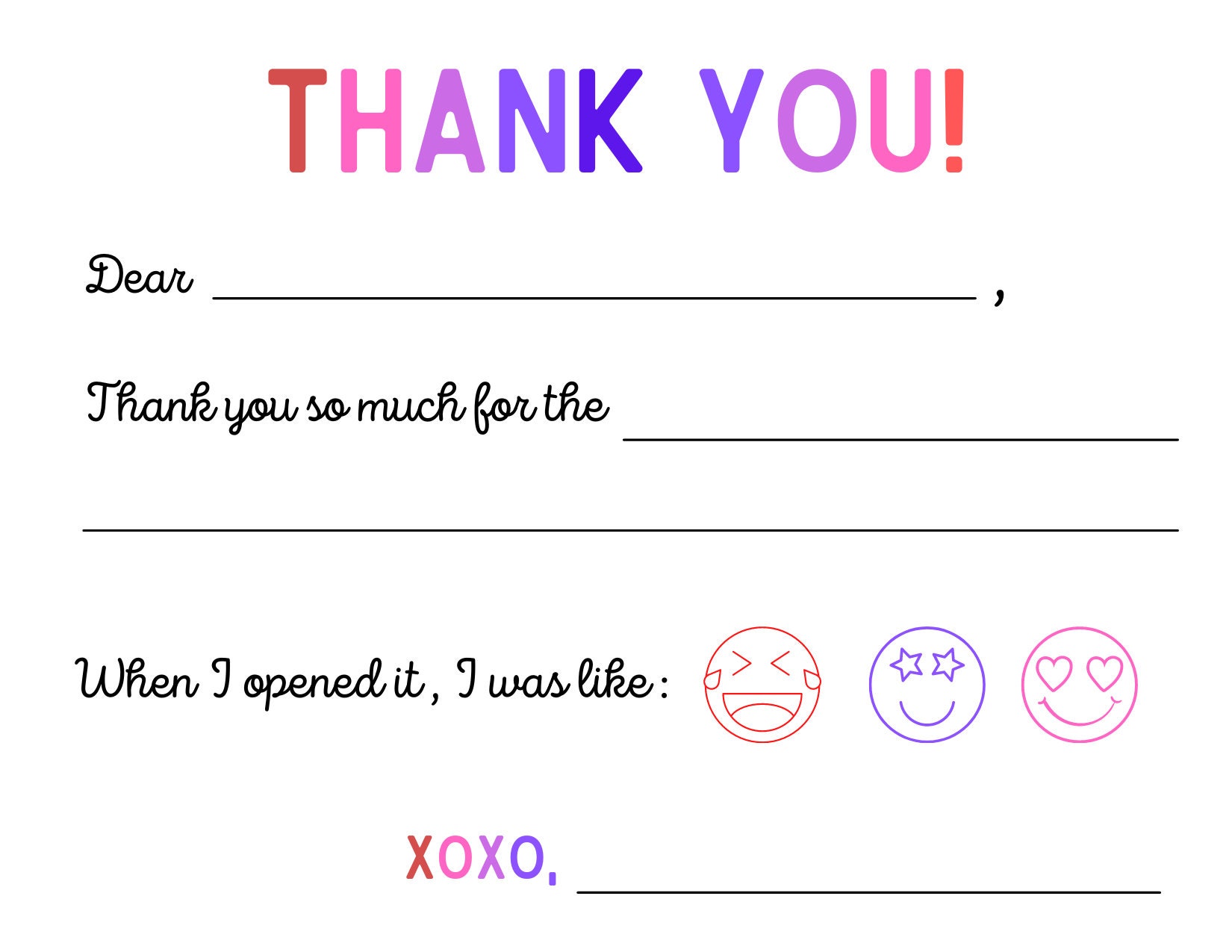 Child Fill-in Thank You Card, Digital Download, Thank You Note ...