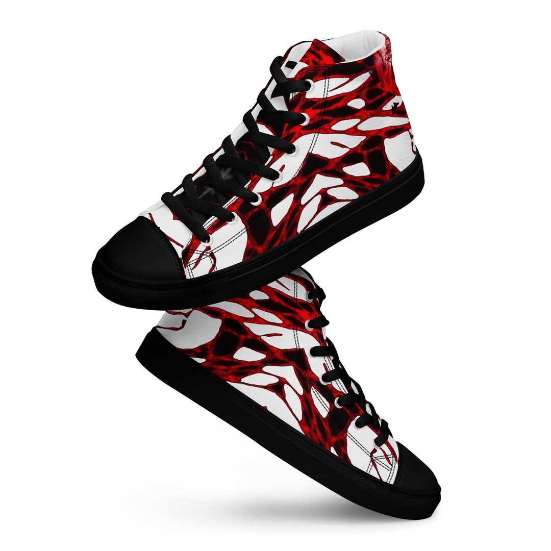 Men’s High Top Canvas Shoes White and Red Webbed Flat Shoes ...
