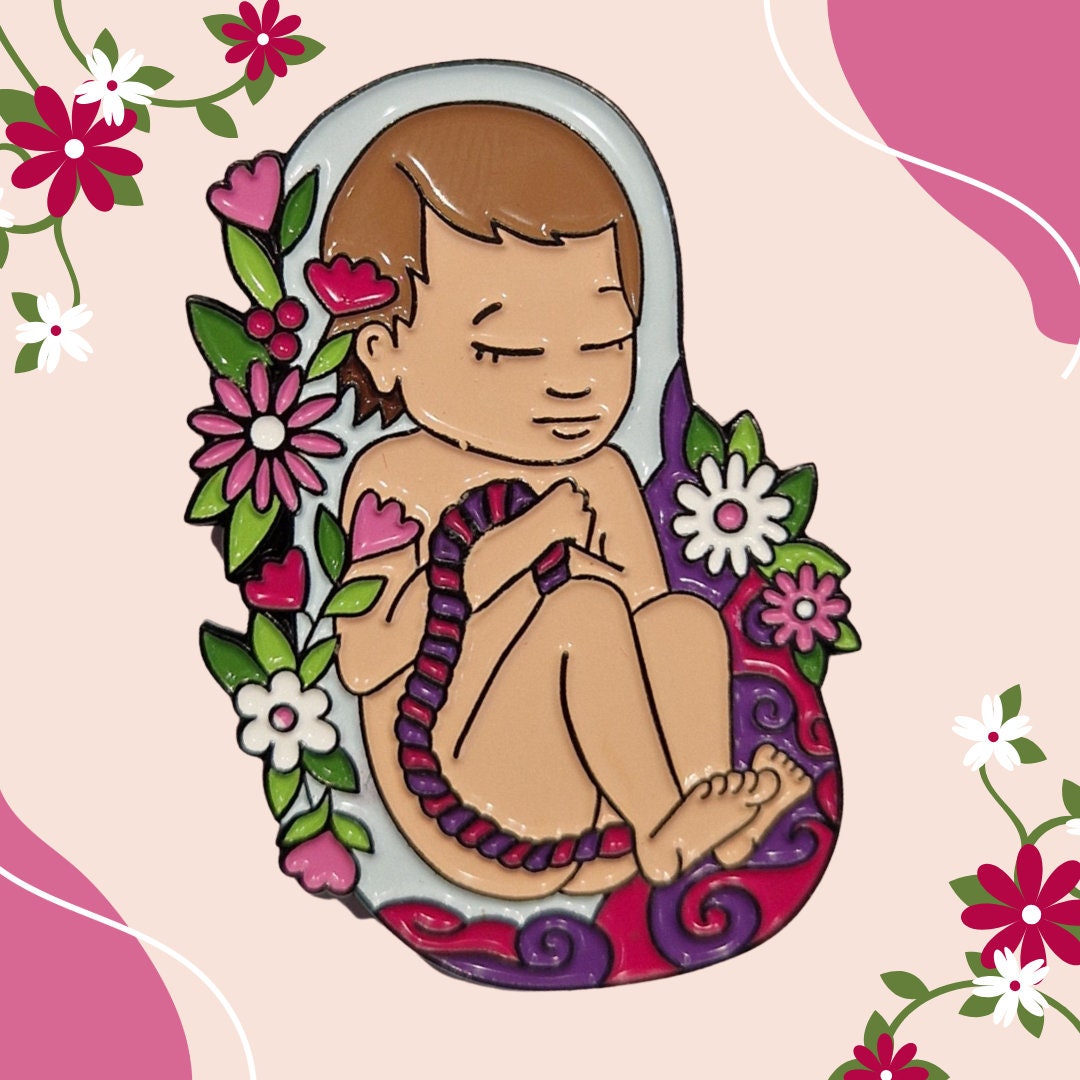 SECONDS. Pink Flower, Baby Playing With Cord, Enamel Pin. Pregnancy Pin ...