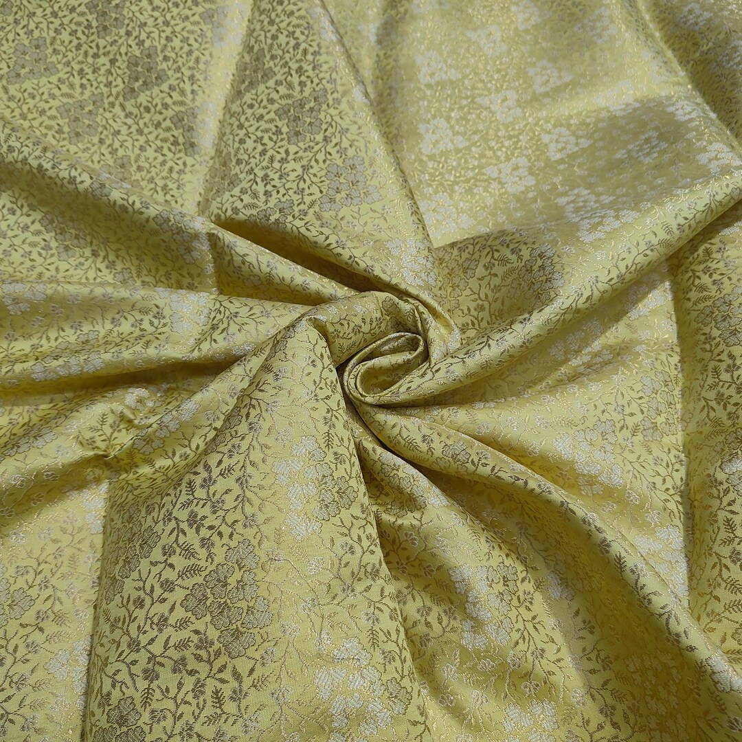 Lemon Yellow Brocade Fabric With Gold Floral Pattern - Indian Handloom ...