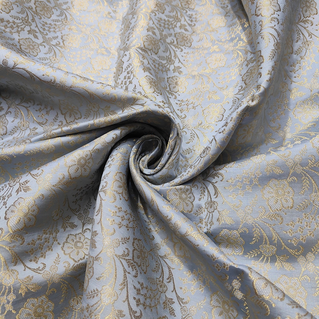 Brocade Fabric by the Yards, Indian Brocade Fabric, Light Blue and Gold ...