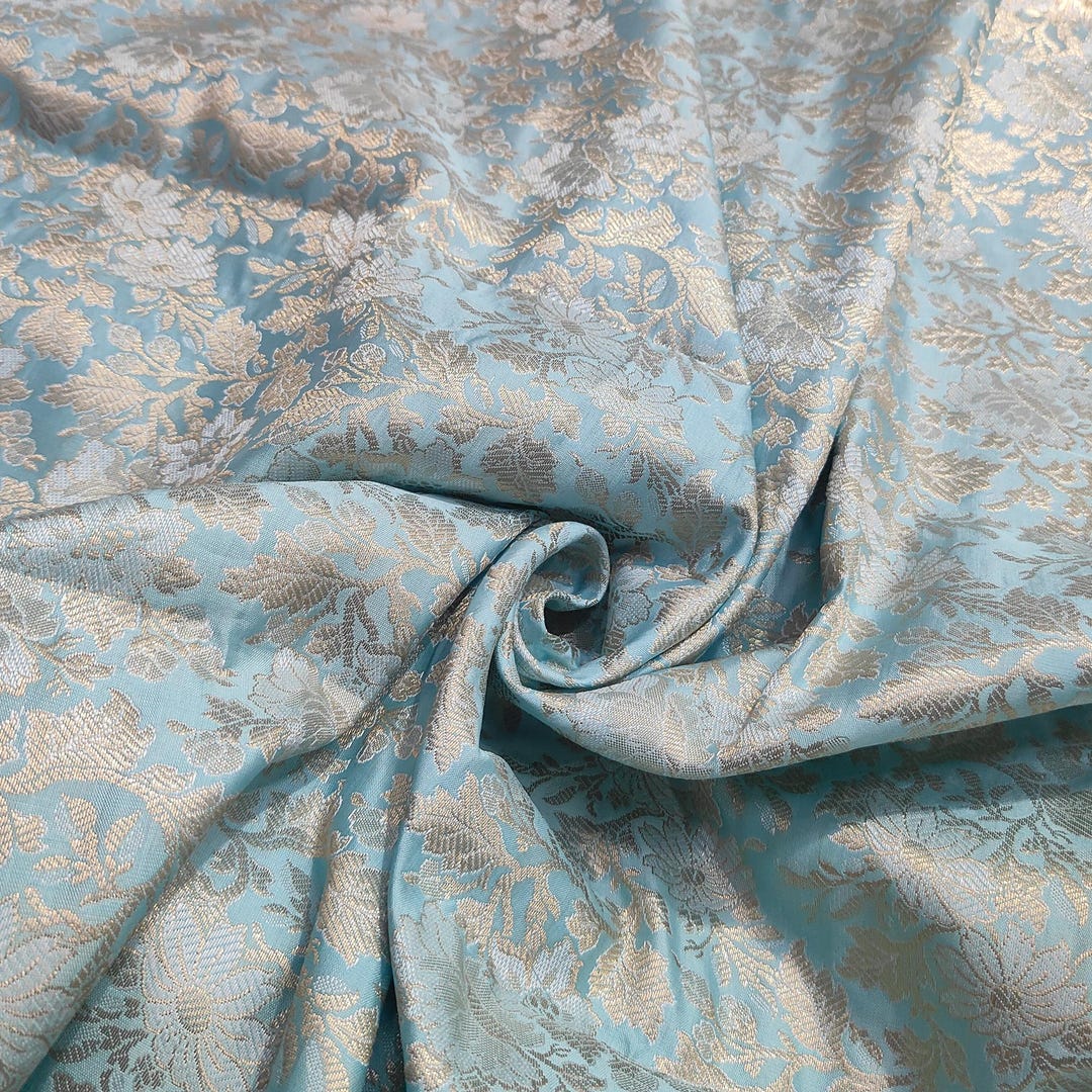 Sky Blue & Gold Brocade Fabric: Indian Wedding Bridal Dress Material - Etsy