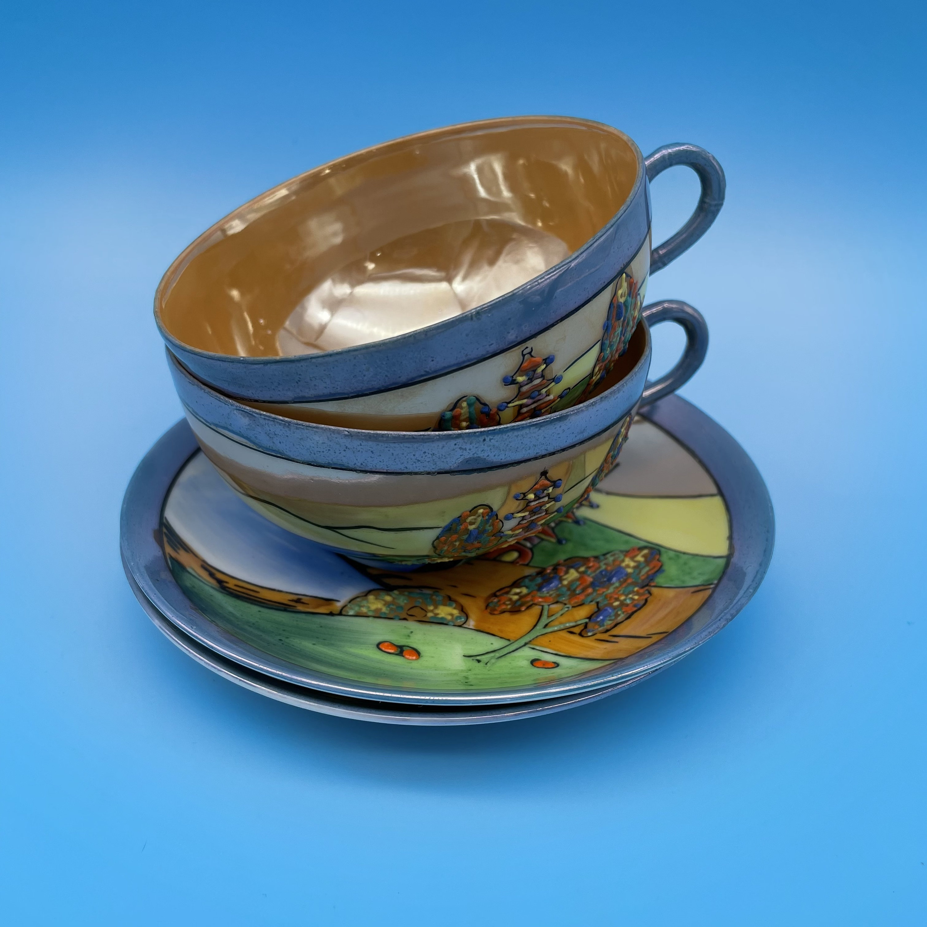 VINTAGE Blue & Gold Scenic Lusterware Japan Hand Painted Teacup and ...