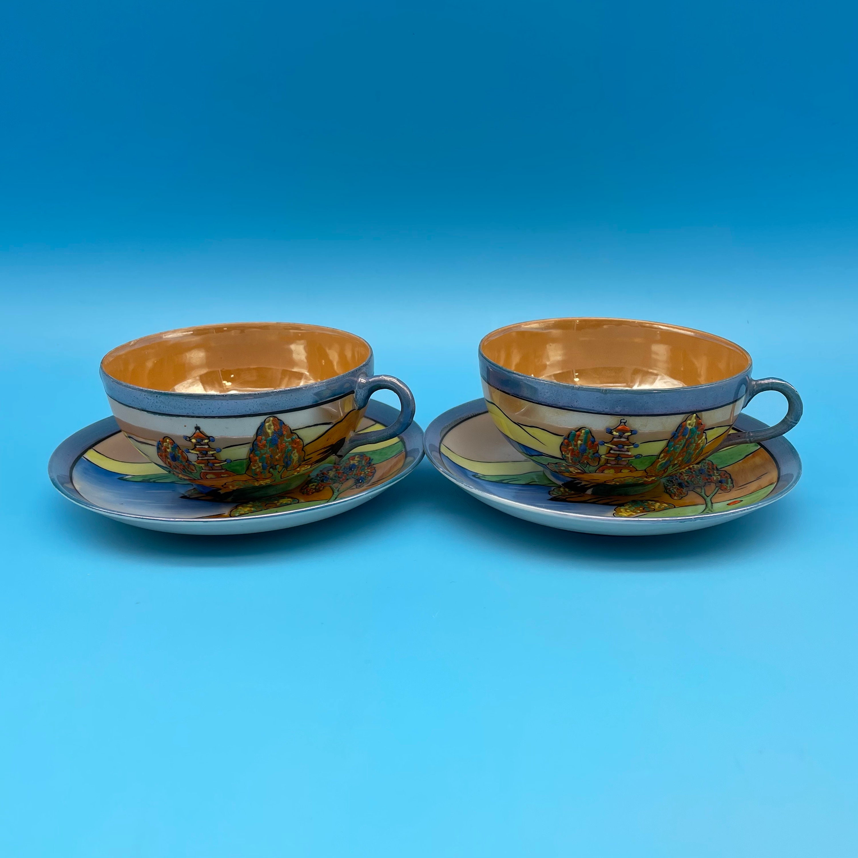 VINTAGE Blue & Gold Scenic Lusterware Japan Hand Painted Teacup and ...
