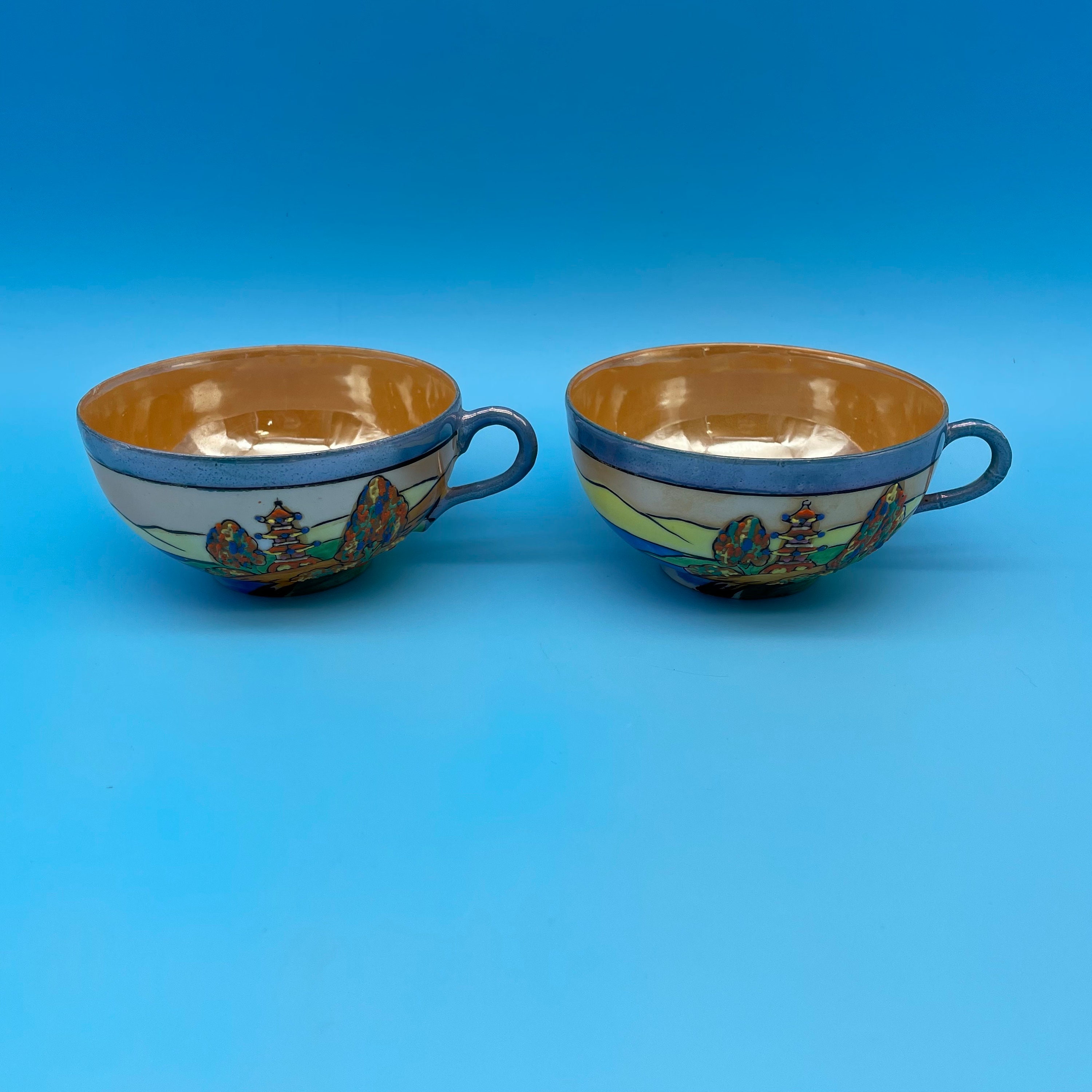 VINTAGE Blue & Gold Scenic Lusterware Japan Hand Painted Teacup and ...