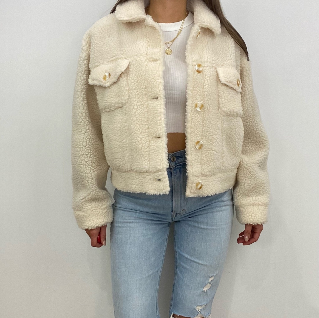 Cream Sherpa Teddy Fleece Jacket - Featuring a Cropped Button Down ...