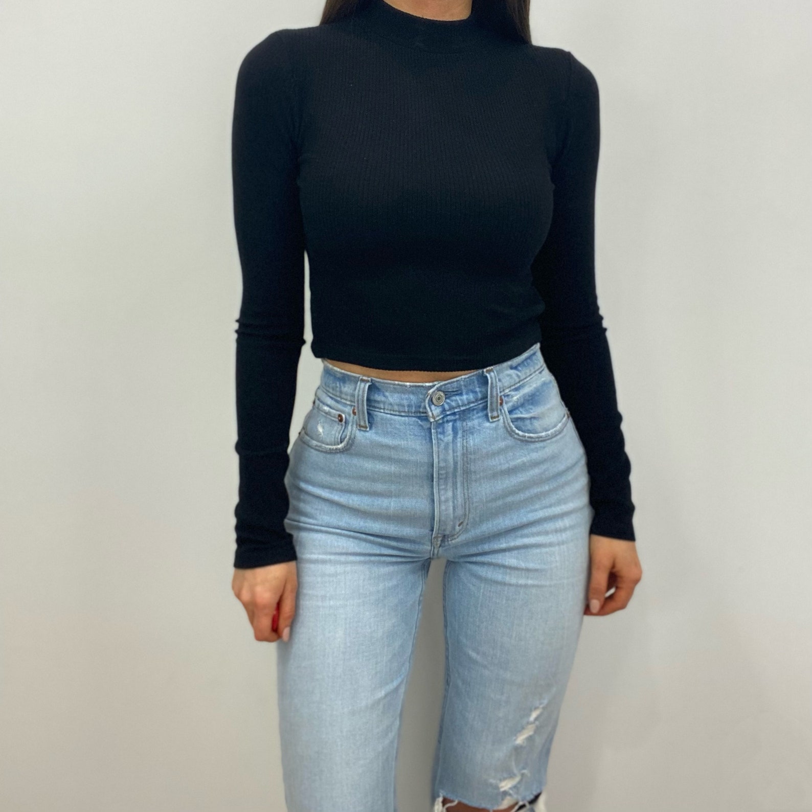 Long Sleeve Mock Neck Crop Top in Black White or Brown - Etsy