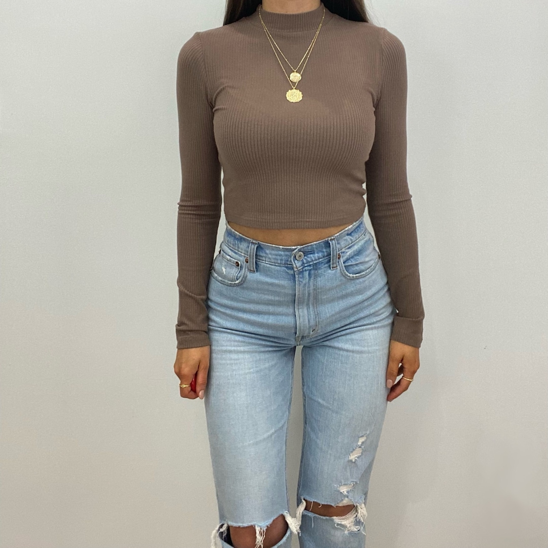 Long Sleeve Mock Neck Crop Top in Brown, Black, or White - Etsy