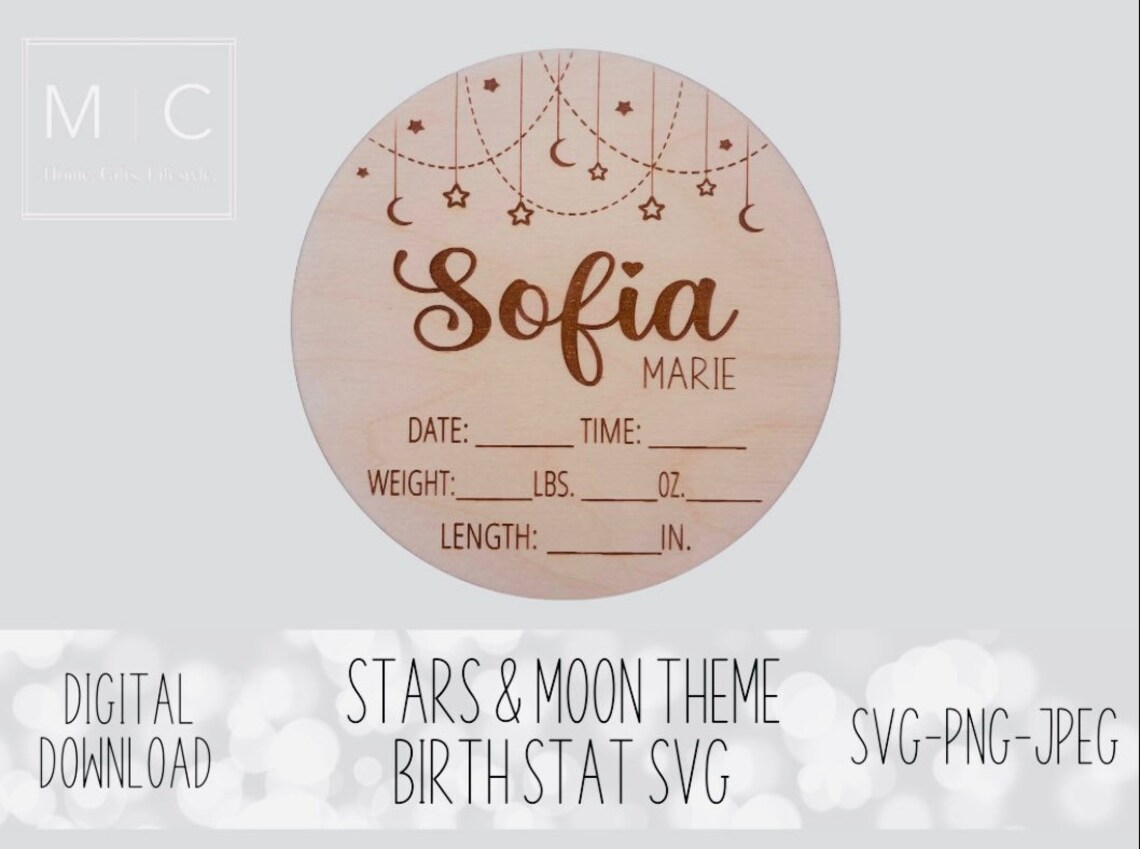 Stars and Moon Theme Stat Sign Svg, Birth Stat Sign Svg, Stars Theme ...