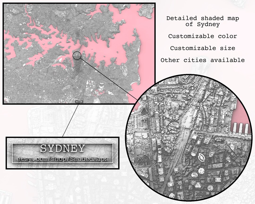 Sydney, Australia A Very Detailed 2D Shaded City Map Poster Wooden or ...