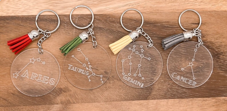 Etched Acrylic Zodiac Sign in Stars Keychain With Tassel/zodiac Sign ...