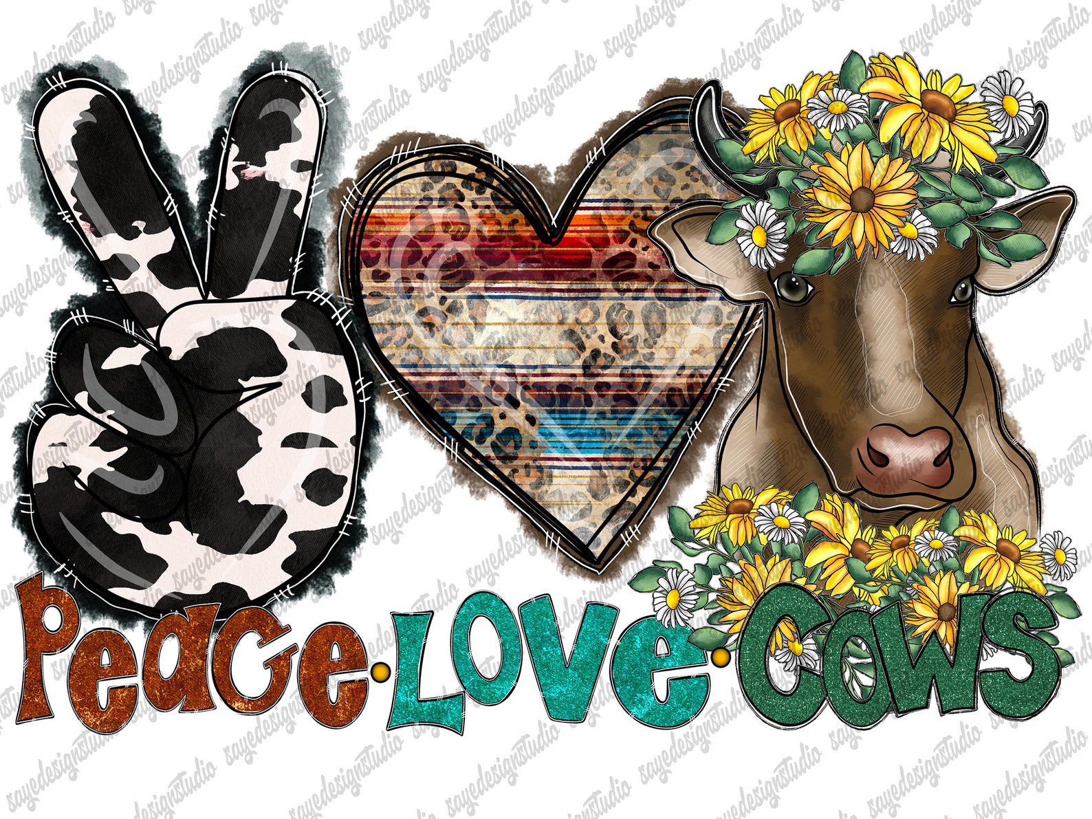 Peace Love Cows Png Farm Animals Watercolor Sunflower Png | Etsy