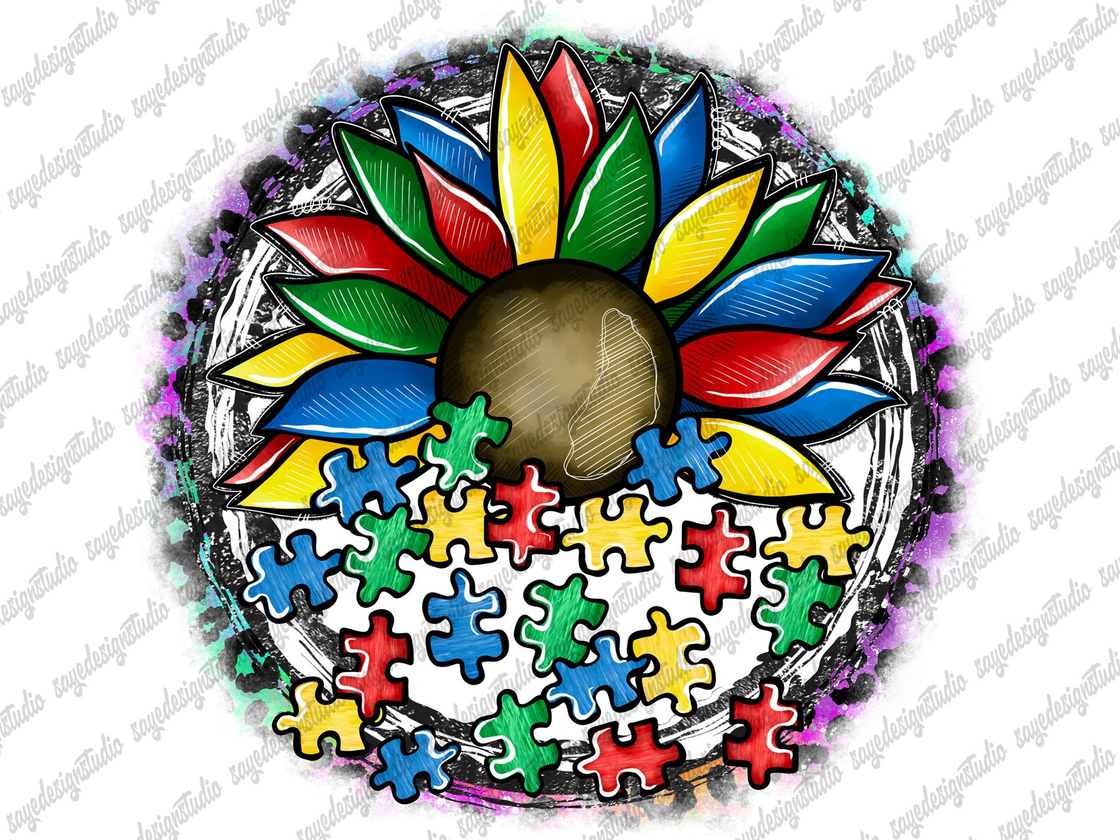 Autism Awareness Sunflower PNG: Glitter Tie Dye Watercolor Sublimation ...