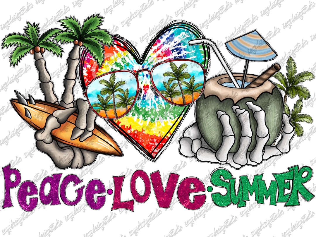 Peace Love Summer Sublimation Design: Skeleton Hand Surf PNG (digital ...