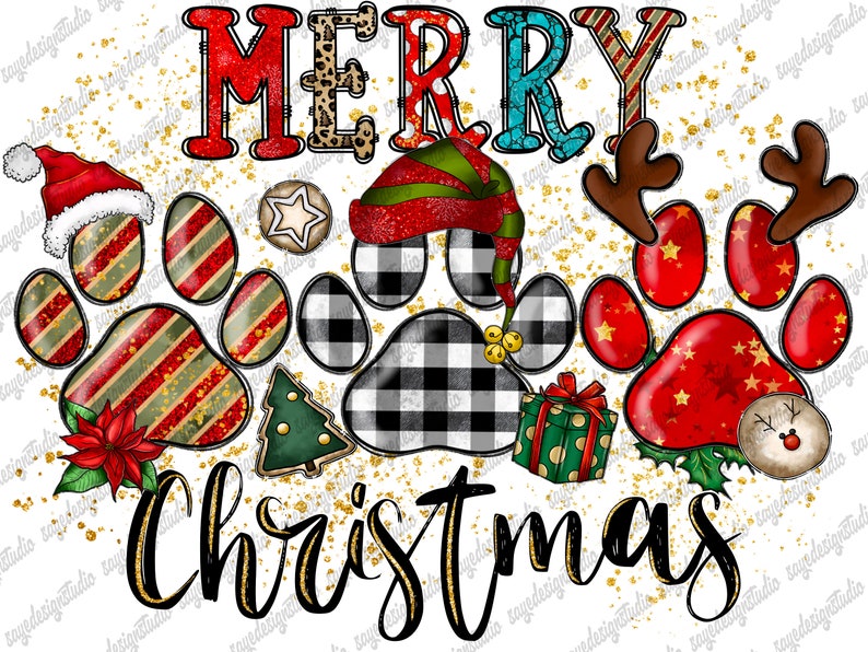 Merry Christmas Paws Paw Print Sublimation Design Christmas - Etsy