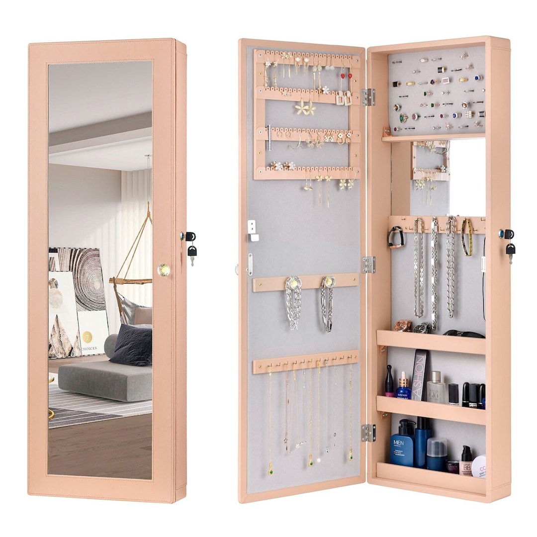 Wooden Jewelry Storage Mirror Cabinet With Wheels Rolling Full Length ...